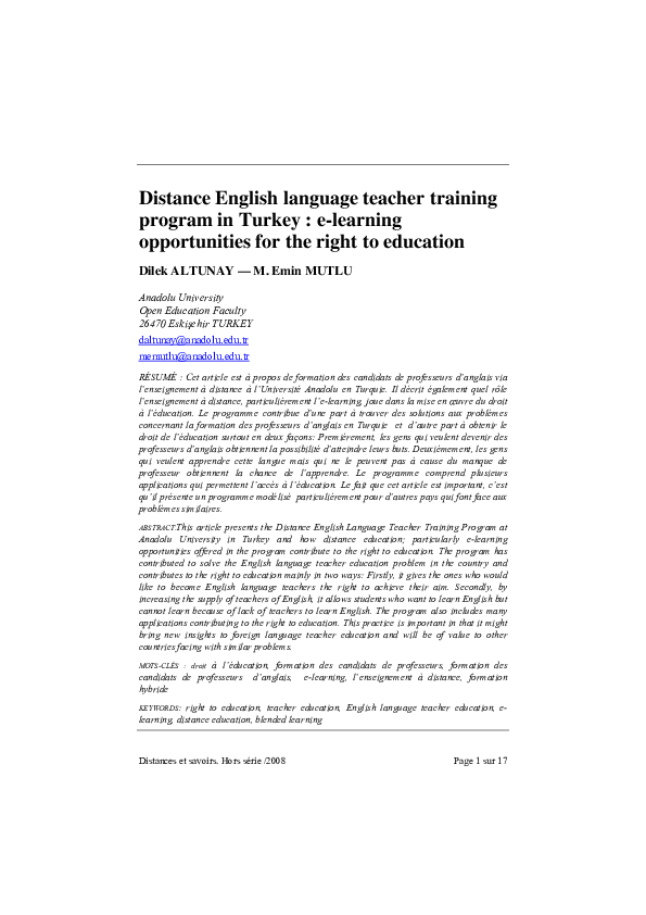 (PDF) Distance English Language Teacher Training Program in Turkey: e ...