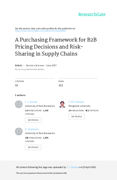 (PDF) A Purchasing Framework for B2B Pricing Decisions and Risk-sharing in Supply Chains