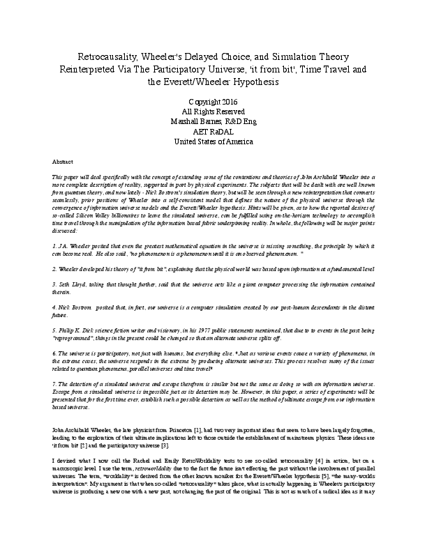 (PDF) Retrocausality Wheeler Delayed Choice Simulation Theory ...