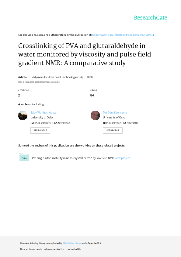 (PDF) Crosslinking of PVA and glutaraldehyde in water monitored by ...