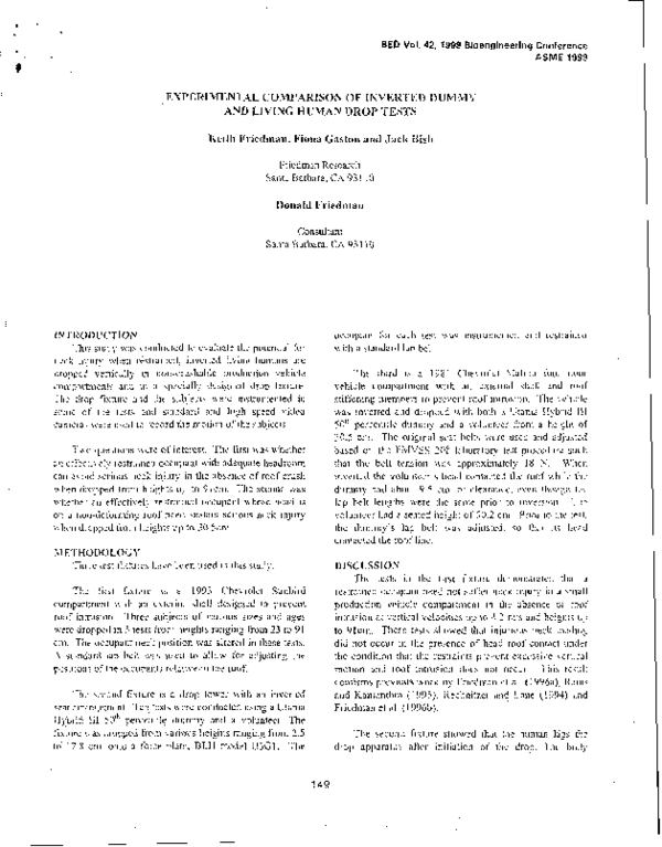 (PDF) EXPERIMENTAL COMPARISON OF INVERTED DUMMY AND LIVING HUMAN DROP TESTS