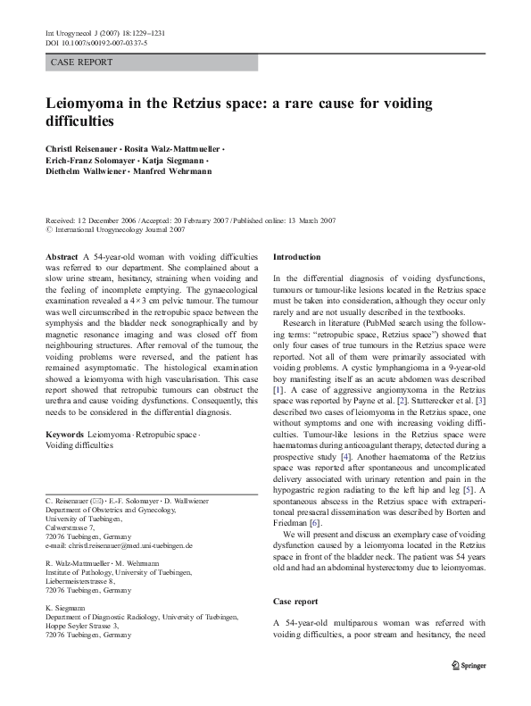 (PDF) Leiomyoma in the Retzius space: a rare cause for voiding difficulties