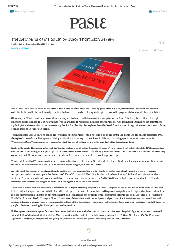 (PDF) Review of Tracy Thompson's "The New Mind of the South"