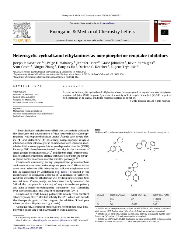 (PDF) Heterocyclic cycloalkanol ethylamines as norepinephrine reuptake ...