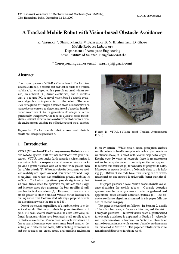 Pdf A Tracked Mobile Robot With Vision Based Obstacle Avoidance