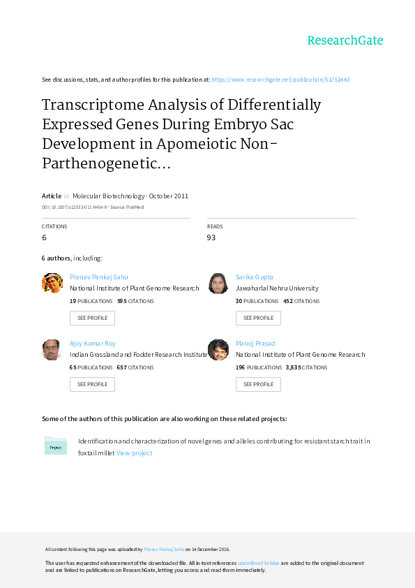 (PDF) Transcriptome Analysis of Differentially Expressed Genes During Embryo Sac Development in ...