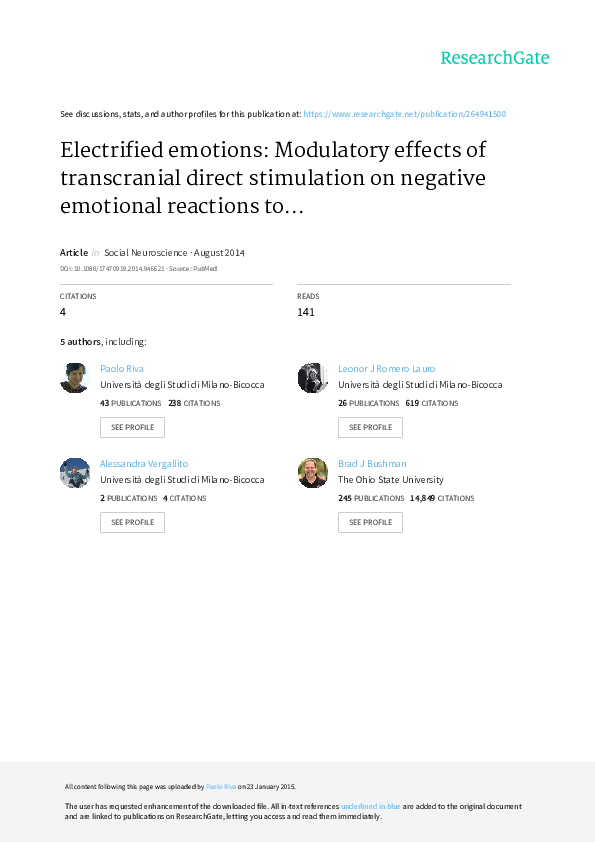 (PDF) Electrified emotions: Modulatory effects of transcranial direct stimulation on negative ...