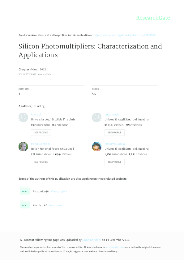(PDF) Silicon Photomultipliers: Characterization and Applications