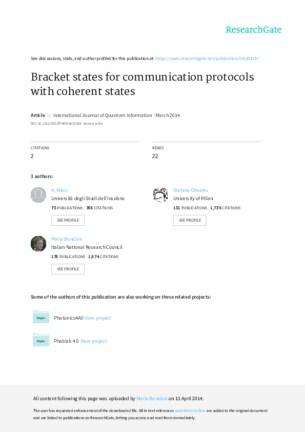 (PDF) Bracket states for communication protocols with coherent states
