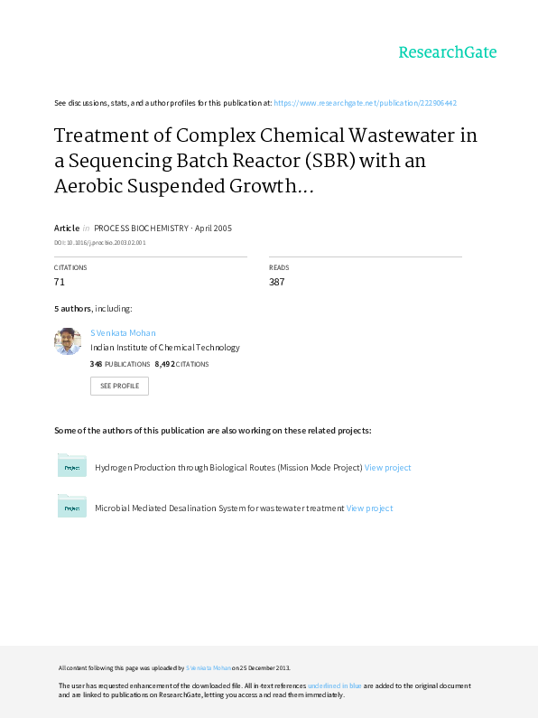 (PDF) Treatment of complex chemical wastewater in a sequencing batch ...