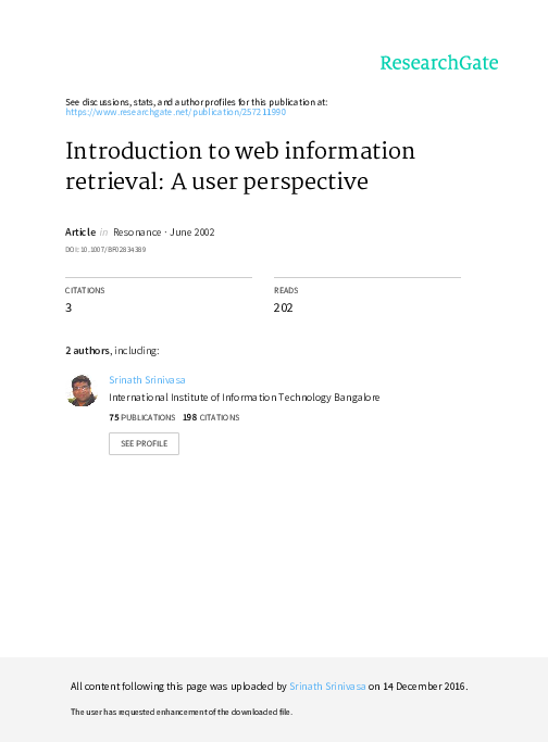 (PDF) Introduction to web information retrieval: A user perspective | Srinath Srinivasa ...