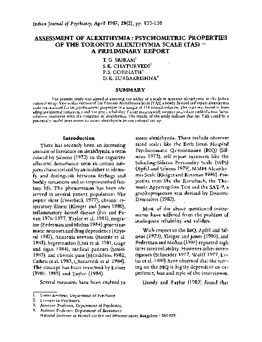 (PDF) ASSESSMENT OF ALEXITHYMIA
