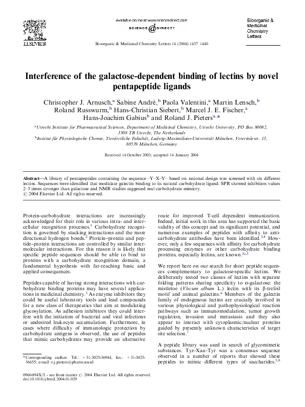 (PDF) Interference of the galactose-dependent binding of lectins by novel pentapeptide ligands
