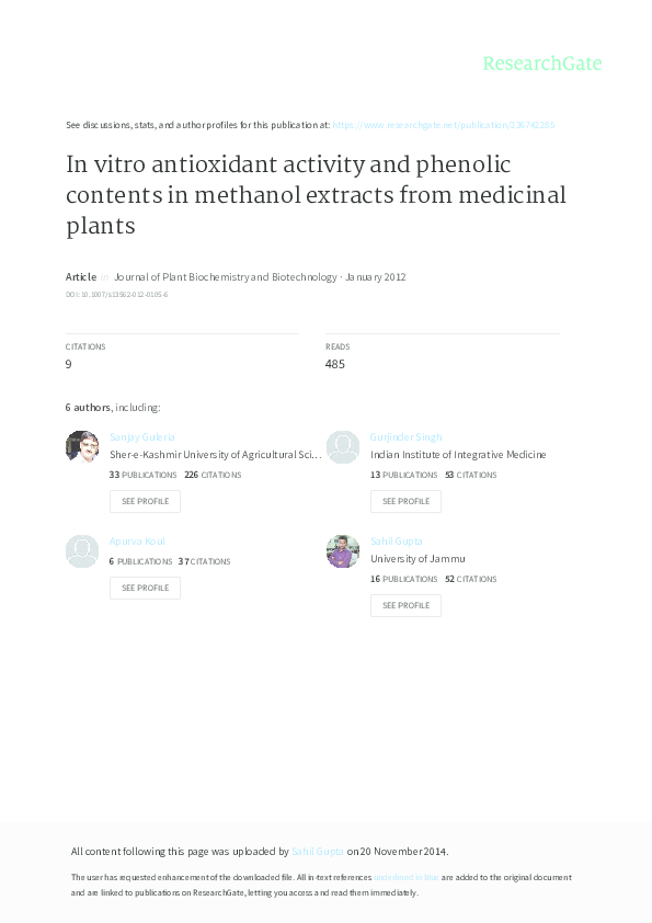 (PDF) In vitro antioxidant activity and phenolic contents in methanol extracts from medicinal plants