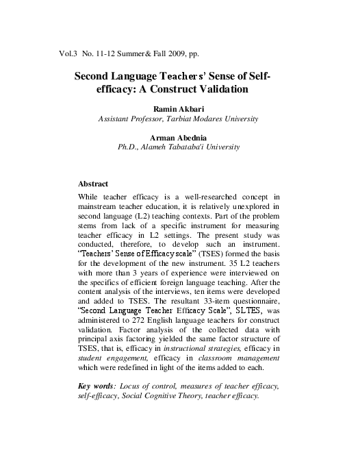 (PDF) Second Language Teachers’ Sense of Self- efficacy: A Construct Validation