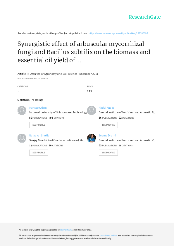 (PDF) Synergistic effect of arbuscular mycorrhizal fungi and Bacillus subtilis on the biomass ...