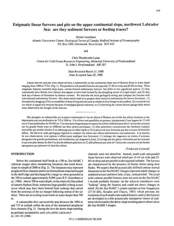 (PDF) Enigmatic linear furrows and pits on the upper continental slope ...