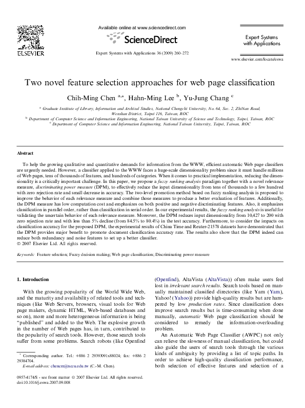 Pdf Two Novel Feature Selection Approaches For Web Page Classification