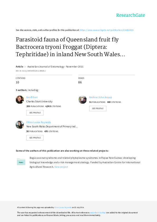 (PDF) Parasitoid fauna of Queensland fruit fly, Bactrocera tryoni ...