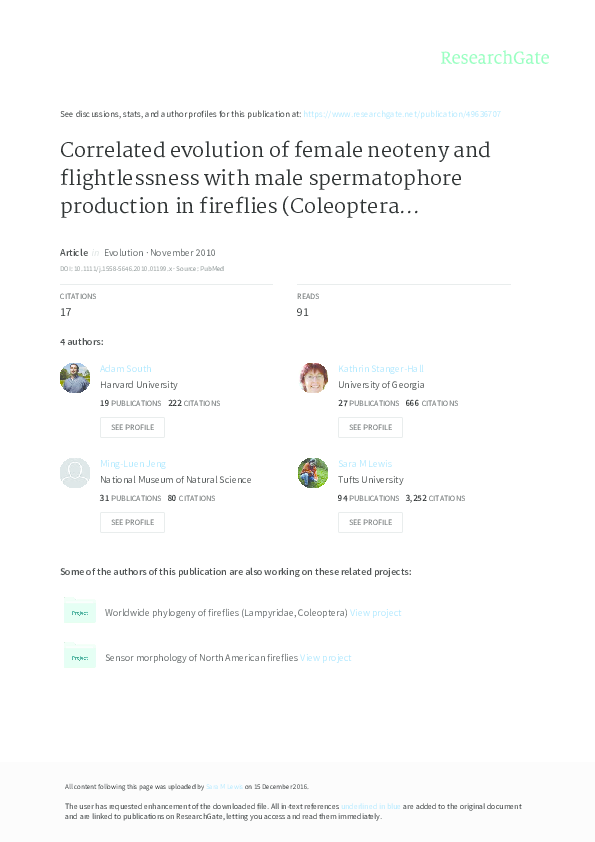 (PDF) Correlated Evolution of Female Neoteny and Flightlessness with ...