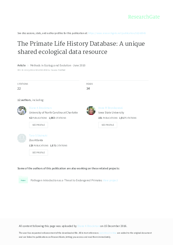 (PDF) The Primate Life History Database: a unique shared ecological ...
