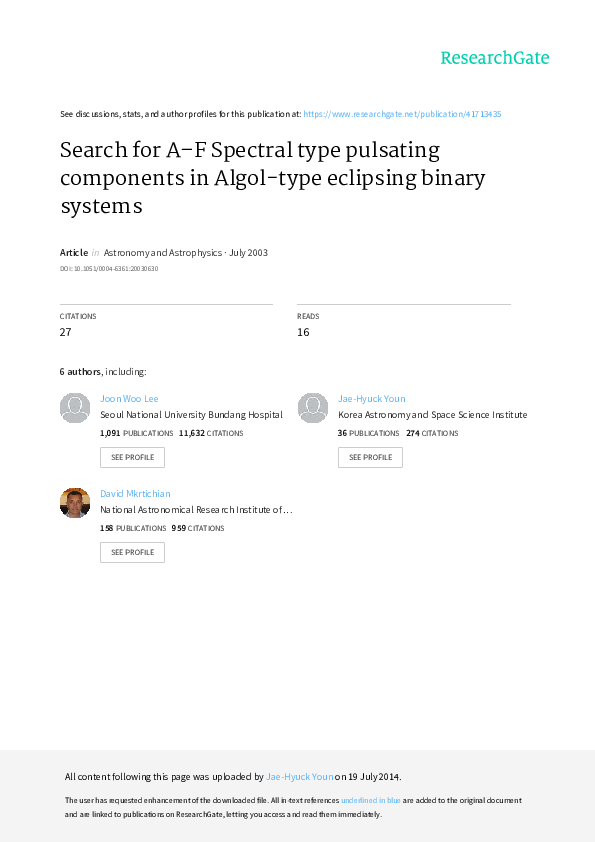 Pdf Search For Af Spectral Type Pulsating Components In Algol Type Eclipsing Binary Systems