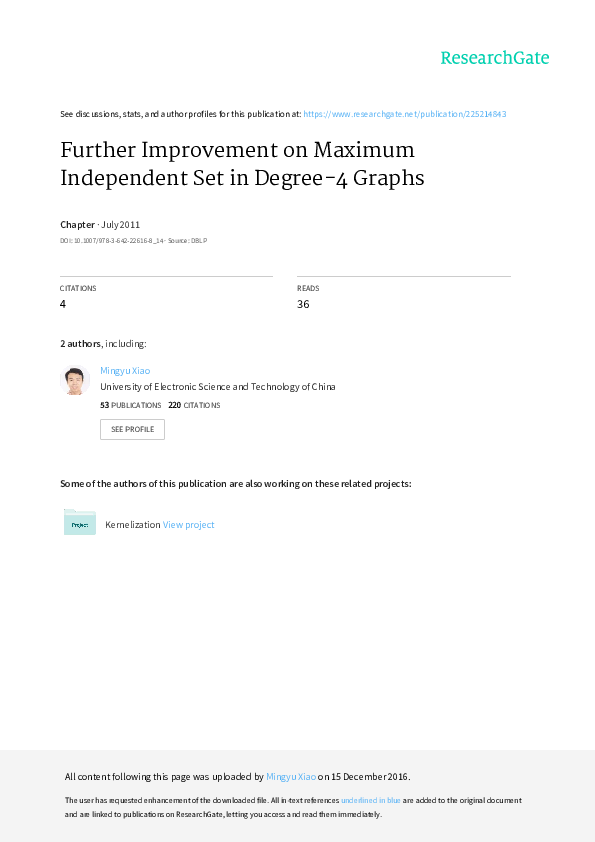 (PDF) Further Improvement on Maximum Independent Set in Degree-4 Graphs