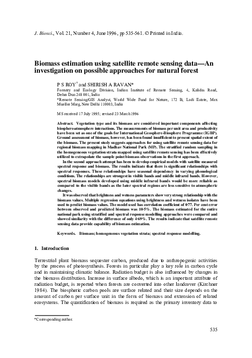Pdf Biomass Estimation Using Satellite Remote Sensing Data—an Investigation On Possible