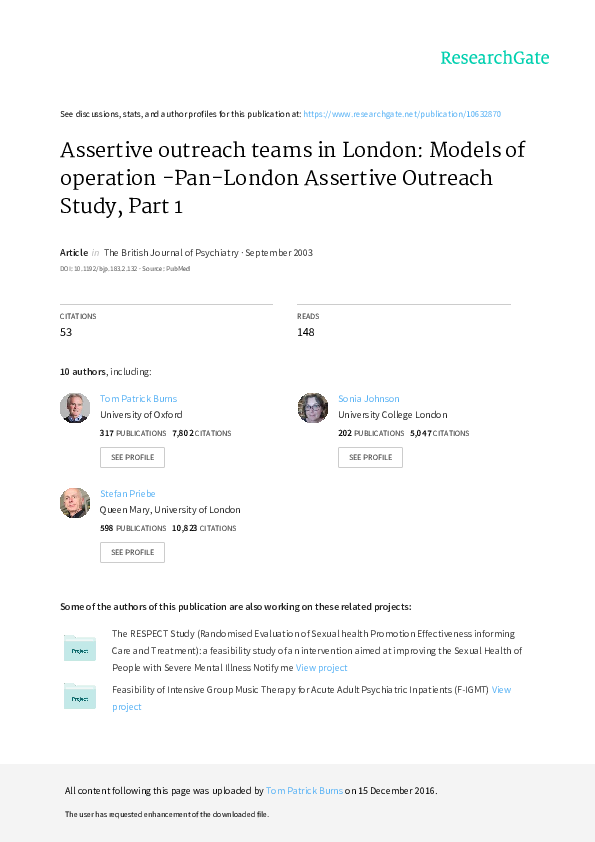 (PDF) Assertive outreach teams in London: models of operation Pan ...