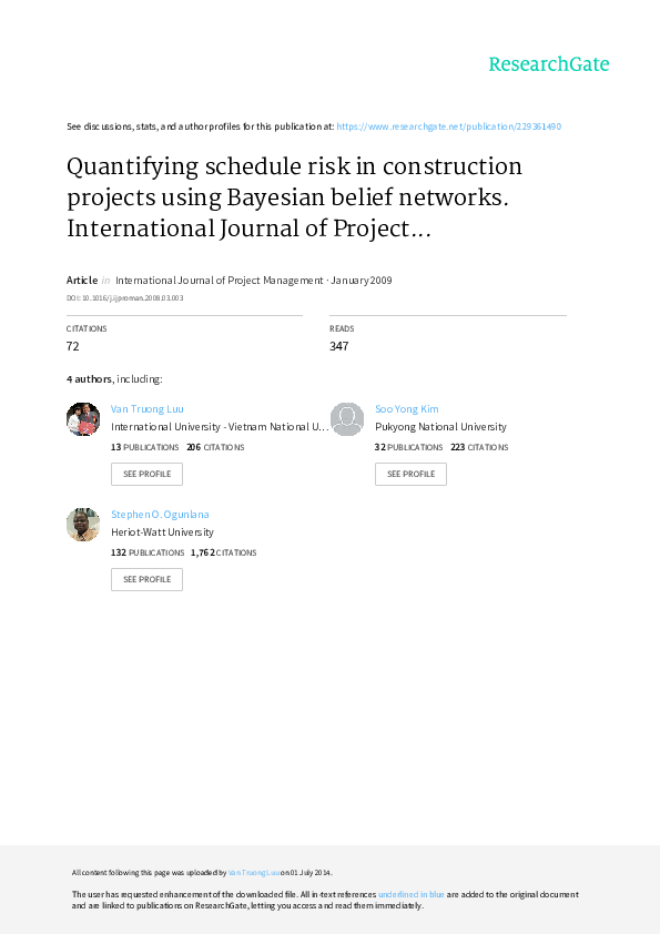 (PDF) Quantifying schedule risk in construction projects using Bayesian belief networks