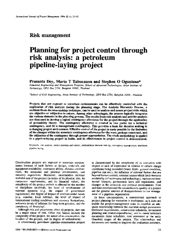 (PDF) Planning for project control through risk analysis: a petroleum ...