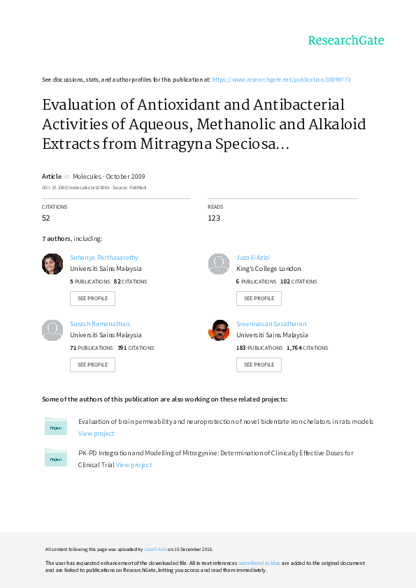 (PDF) Evaluation of Antioxidant and Antibacterial Activities of Aqueous, Methanolic and Alkaloid ...