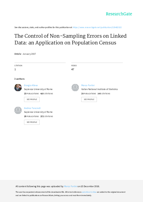 (PDF) The Control of Non-Sampling Errors on Linked Data: an Application on Population Census
