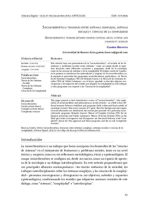 (PDF) Sociocibernética: tensiones entre sistemas complejos, sistemas sociales y ciencias de la ...
