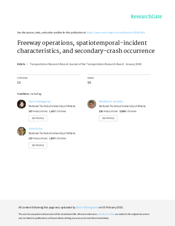 (PDF) Freeway Operations, Spatiotemporal-Incident Characteristics, and Secondary-Crash Occurrence