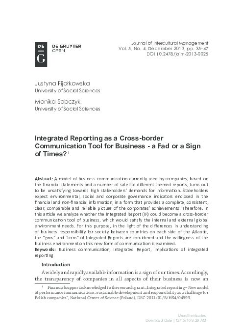(PDF) Integrated reporting as a cross-border communication tool for ...