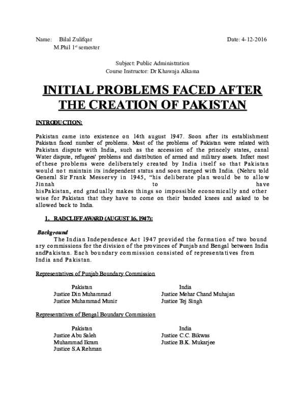 (DOC) INITIAL PROBLEMS FACED AFTER THE CREATION OF PAKISTAN