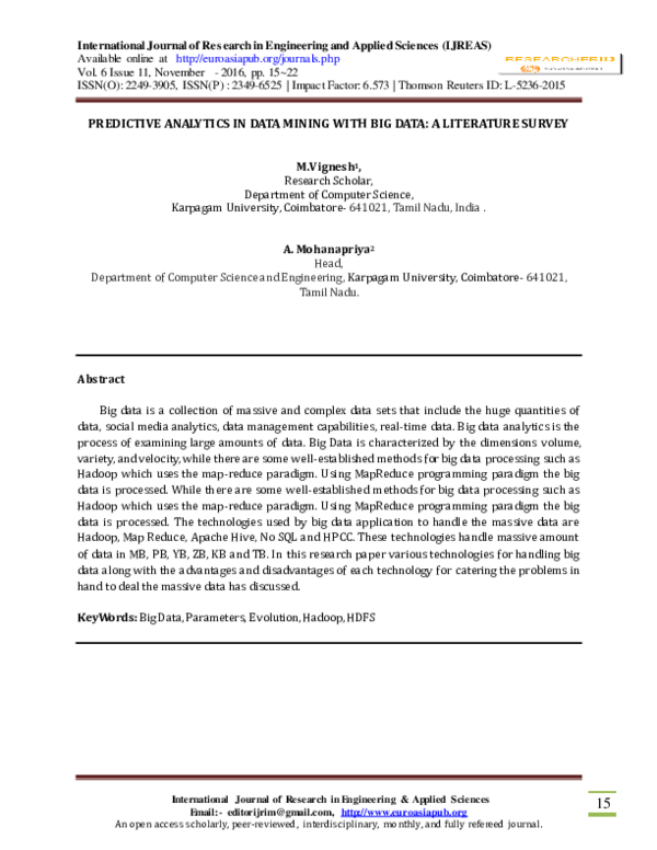 Pdf Predictive Analytics In Data Mining With Big Data A Literature