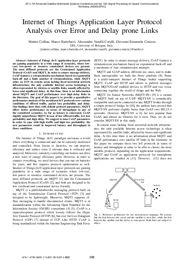 (PDF) Internet of Things application layer protocol analysis over error and delay prone links