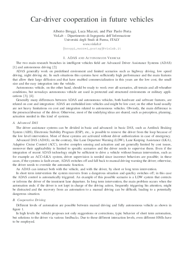 (PDF) Car-driver cooperation in future vehicles