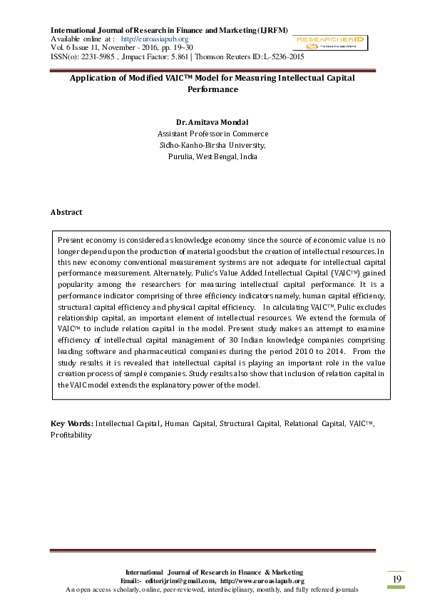 (PDF) Application of Modified VAIC TM Model for Measuring Intellectual Capital Performance