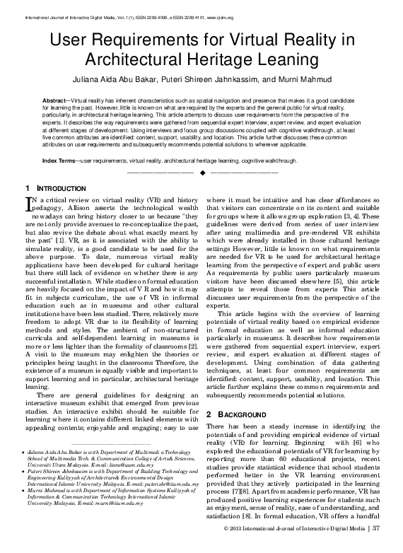 (PDF) User Requirements for Virtual Reality in Architectural | Murni ...