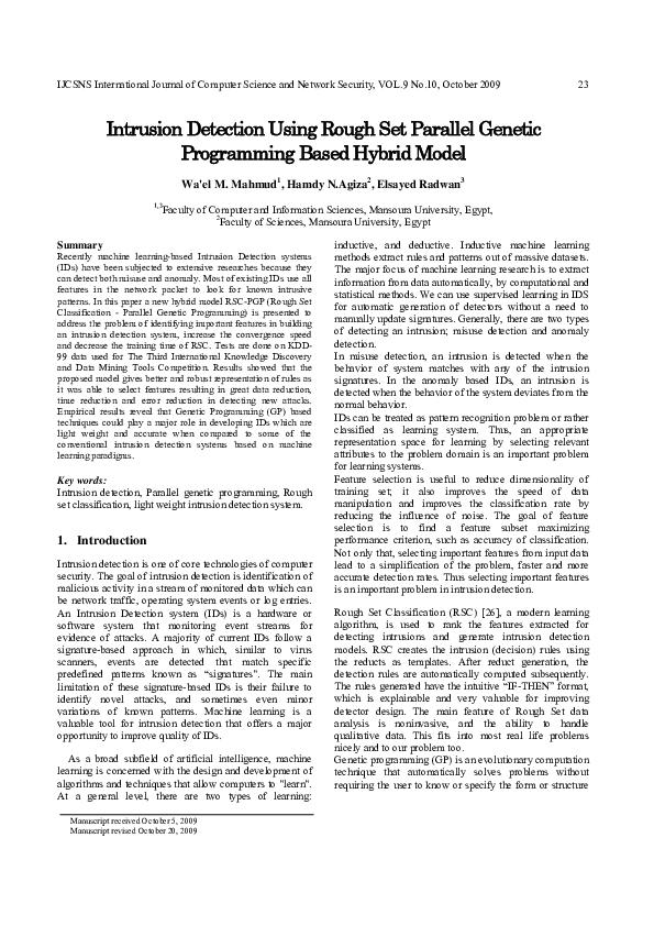 Pdf Intrusion Detection Using Rough Set Parallel Genetic Programming Based Hybrid Model