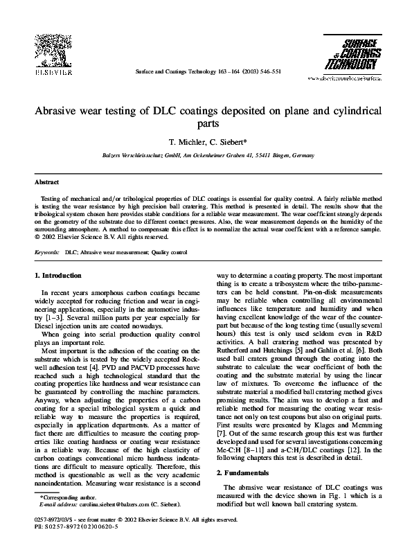 (PDF) Abrasive wear testing of DLC coatings deposited on plane and ...
