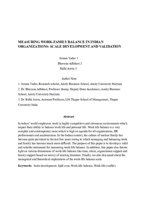 (DOC) MEASURING WORK-FAMILY BALANCE IN INDIAN ORGANIZATIONS: SCALE ...