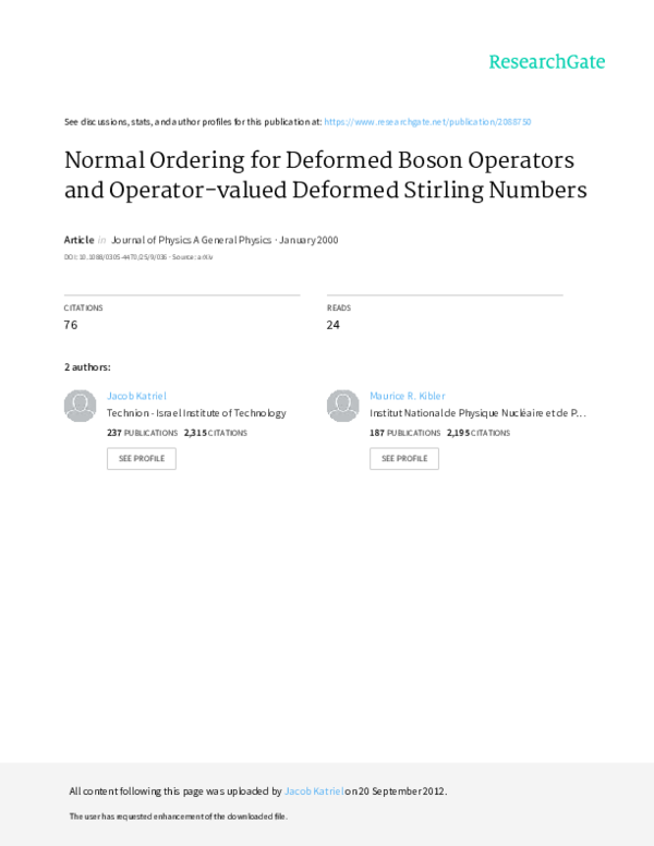 (PDF) Normal ordering for deformed boson operators and operator-valued deformed Stirling numbers