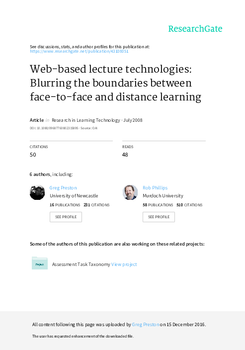 (PDF) Web-based lecture technologies: blurring the boundaries between face-to-face and distance ...