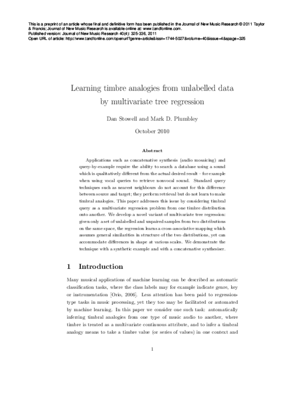 (PDF) Learning timbre analogies from unlabelled data by multivariate tree regression