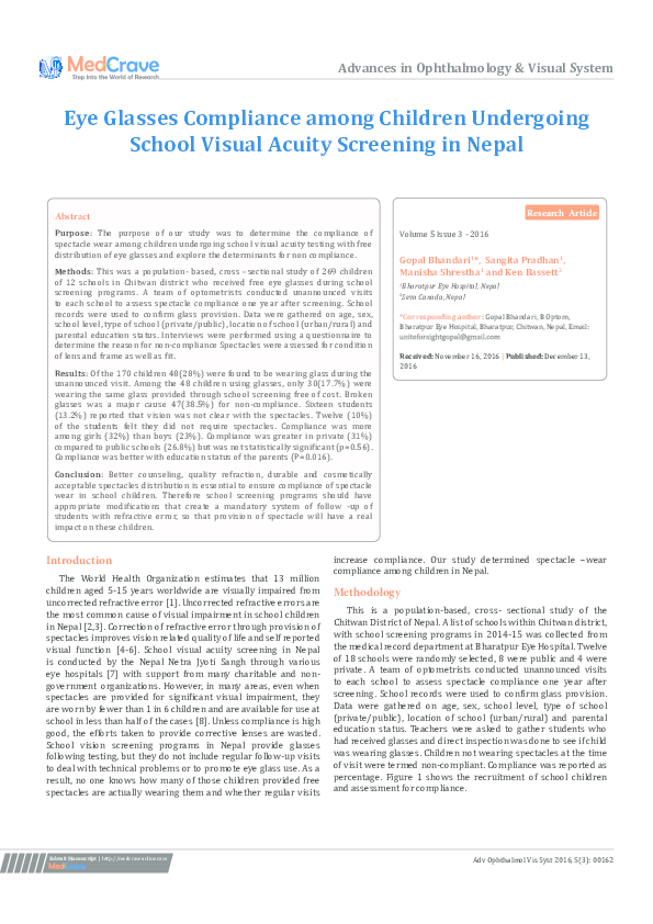 (PDF) Eye Glasses Compliance among Children Undergoing School Visual ...
