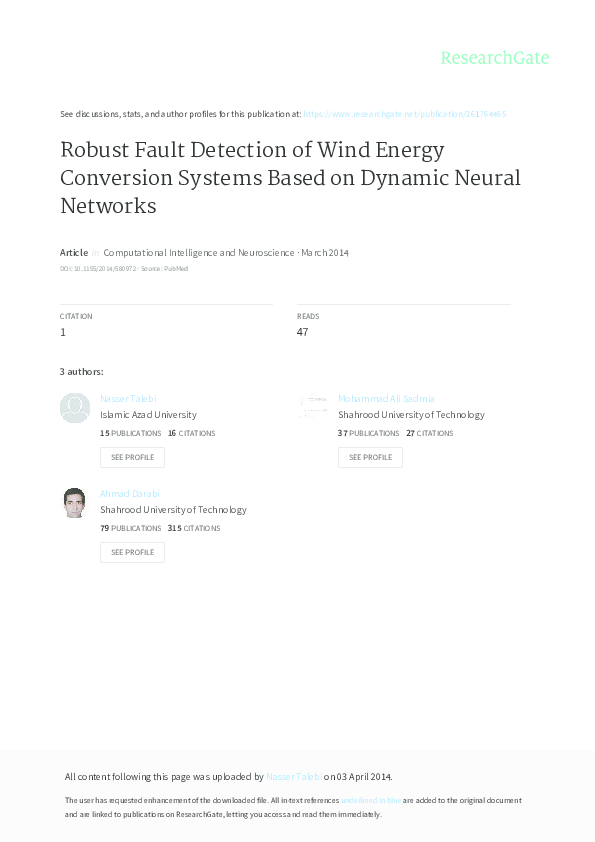 Pdf Robust Fault Detection Of Wind Energy Conversion Systems Based On Dynamic Neural Networks